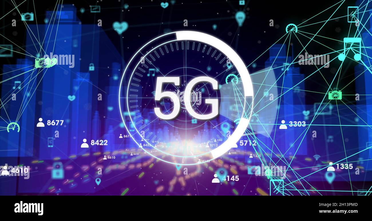 5G text on circles and globes of network of connections against 3D city ...