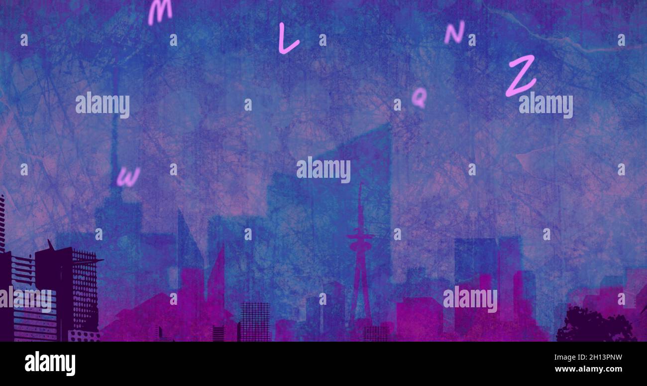 Image of falling letters over cityscape Stock Photo - Alamy