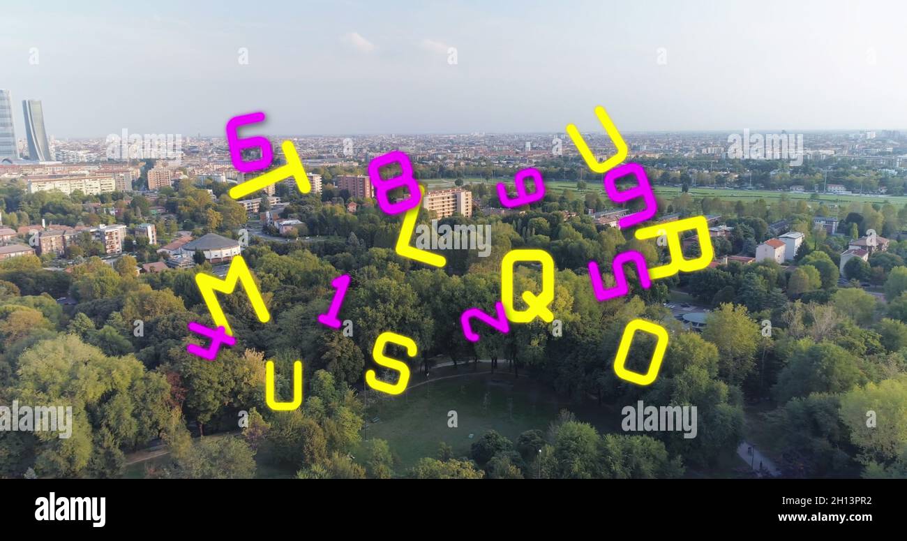 Image of falling numbers and letters over cityscape Stock Photo - Alamy