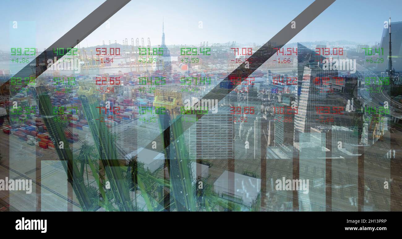 Stock market and financial data processing against aerial view of ...