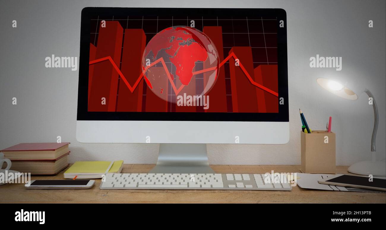 Statistical data processing and spinning globe on computer screen on ...