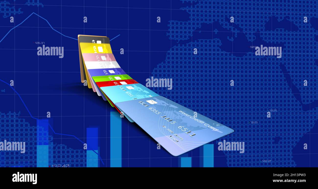 Image of credit cards over statistic and financial data processing and ...