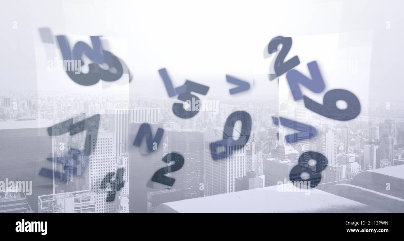 Image of falling numbers and letters over cityscape Stock Photo - Alamy