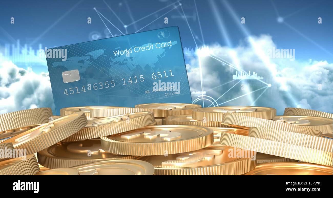 Image of credit card over network of connections and stack of euro ...