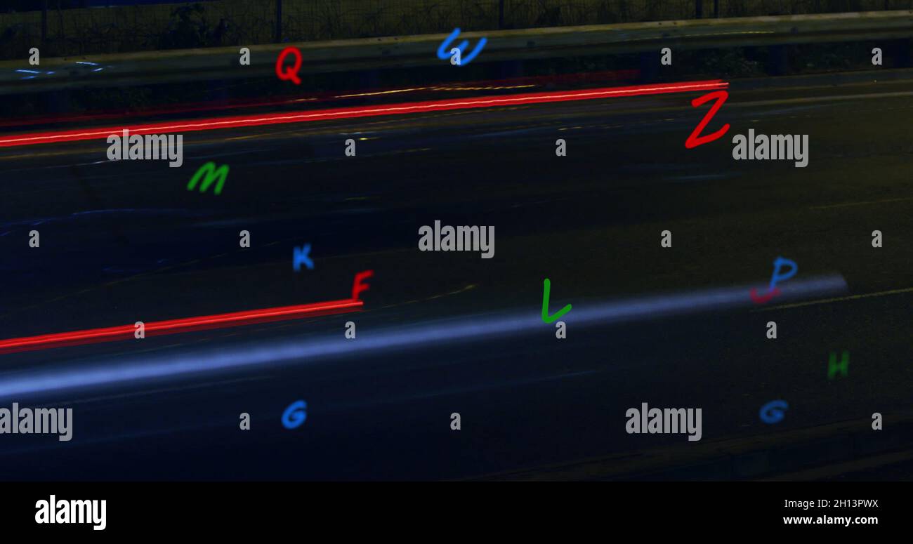 Image of falling letters over cityscape Stock Photo - Alamy