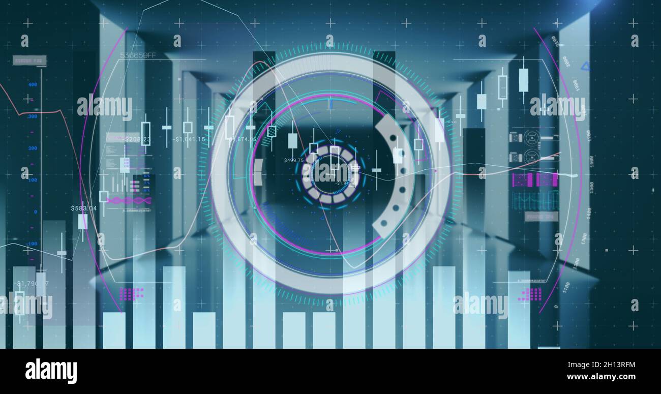 Digital Image Of Statistical Data Processing Over Round Scanner Against Empty Server Room Stock