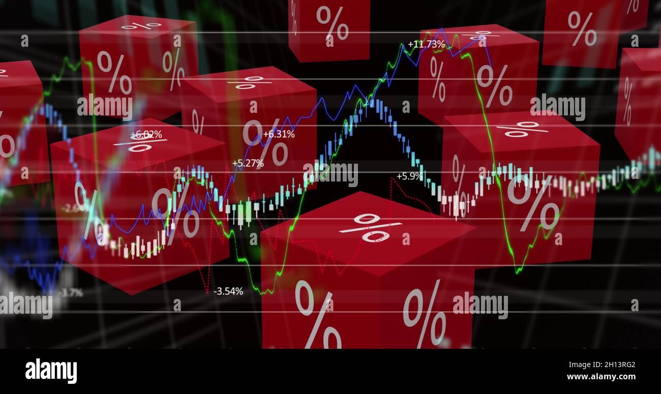 Image of red cubes with per cent sign over graphs and statistics Stock ...