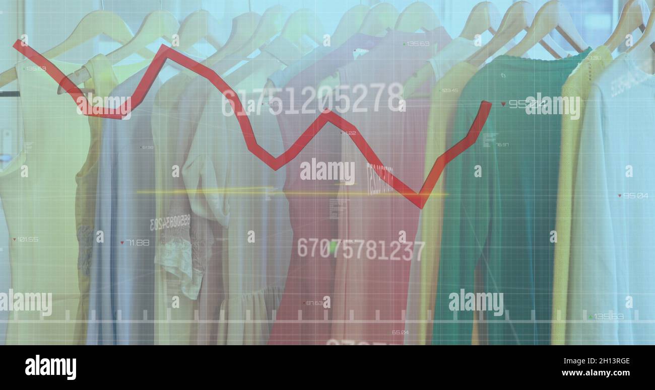 Image of numbers changing and red line processing over rail of hanging ...