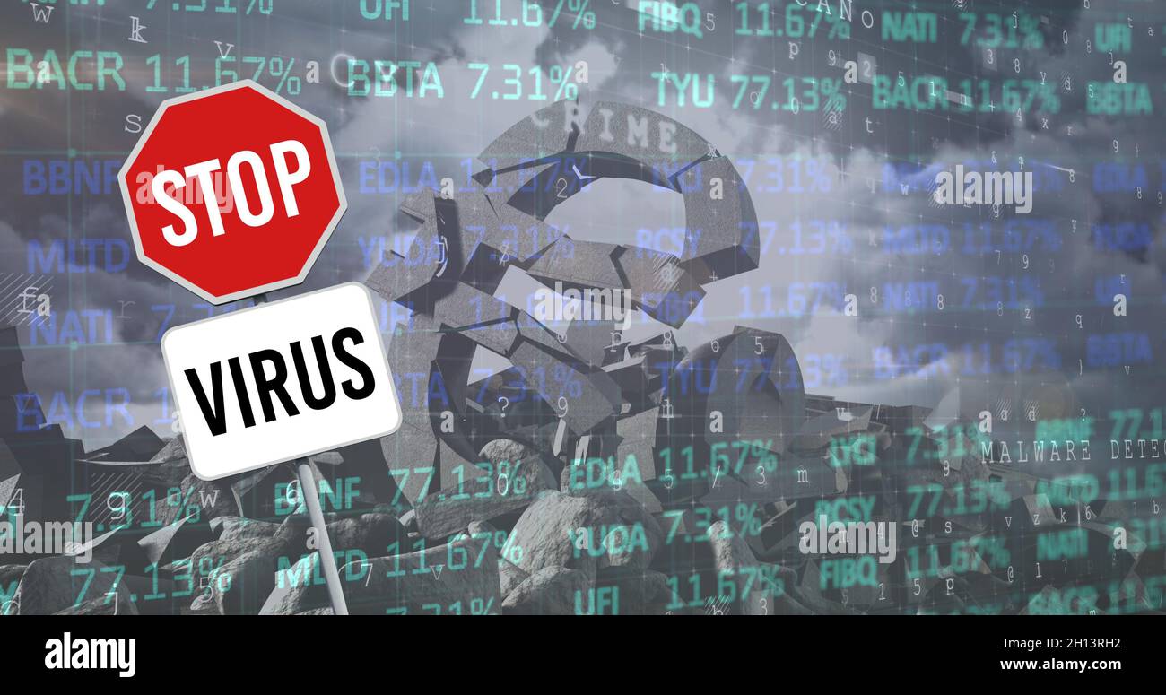 Image of stop virus sign, financial statistics and crumbling euro ...