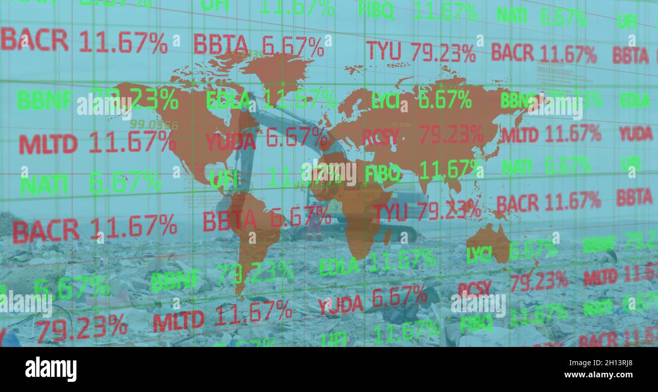 Image of financial data processing with a world map over a garbage dump ...