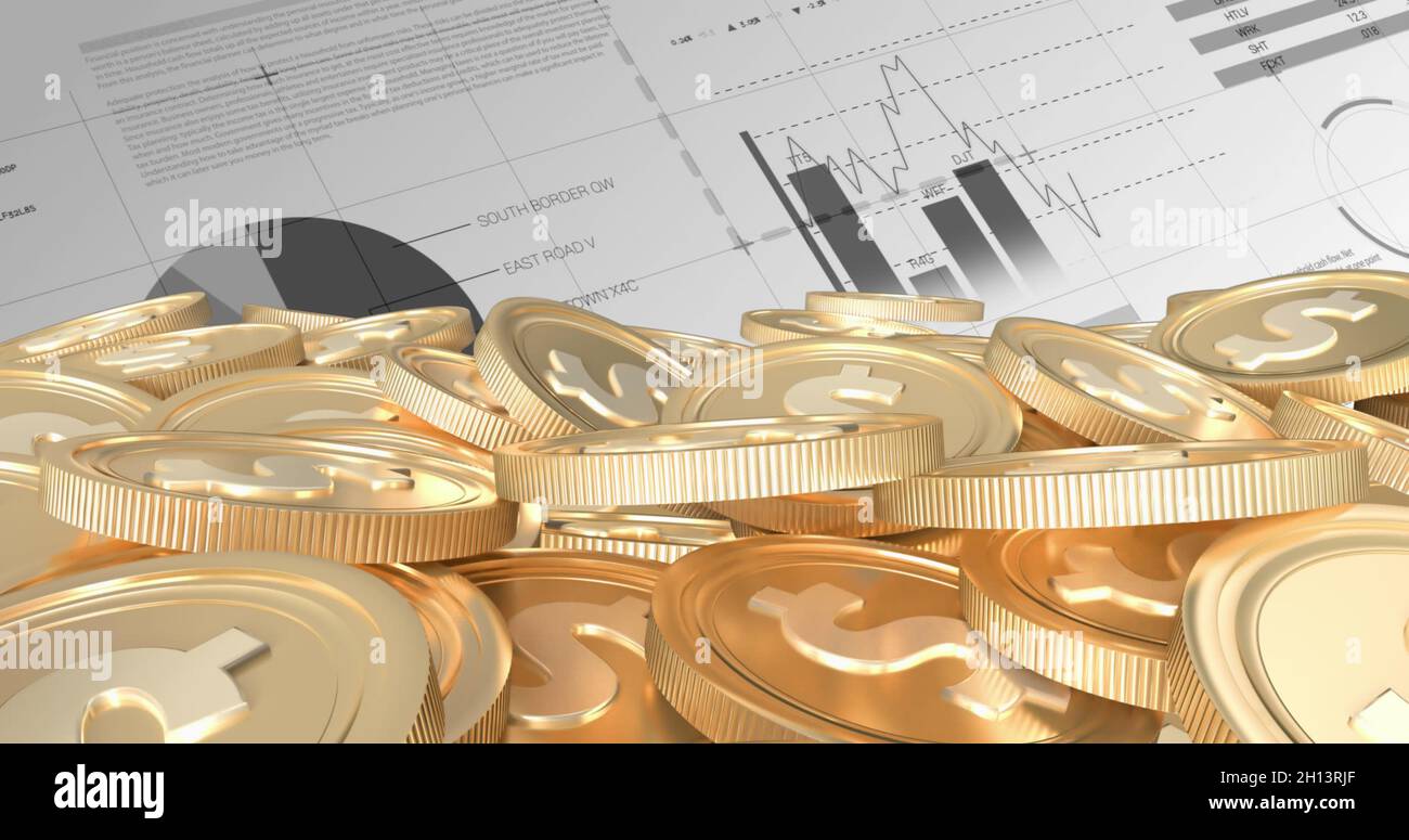 Image of financial data processing over gold coins Stock Photo - Alamy