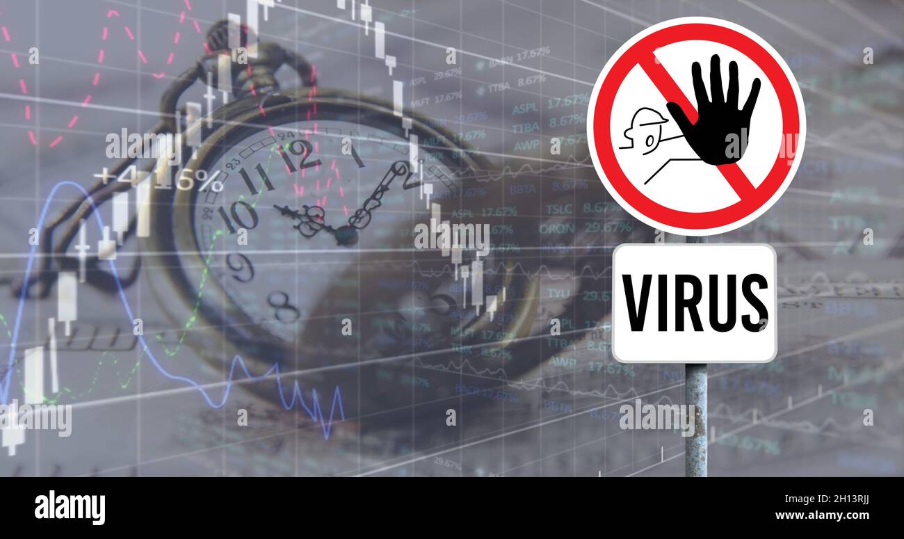 Image of financial data recording and vintage watch with stop virus ...