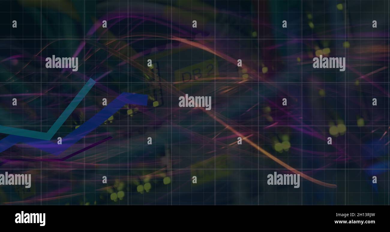 Multiple graphs and light trails moving over grid network against close up of computer server ...