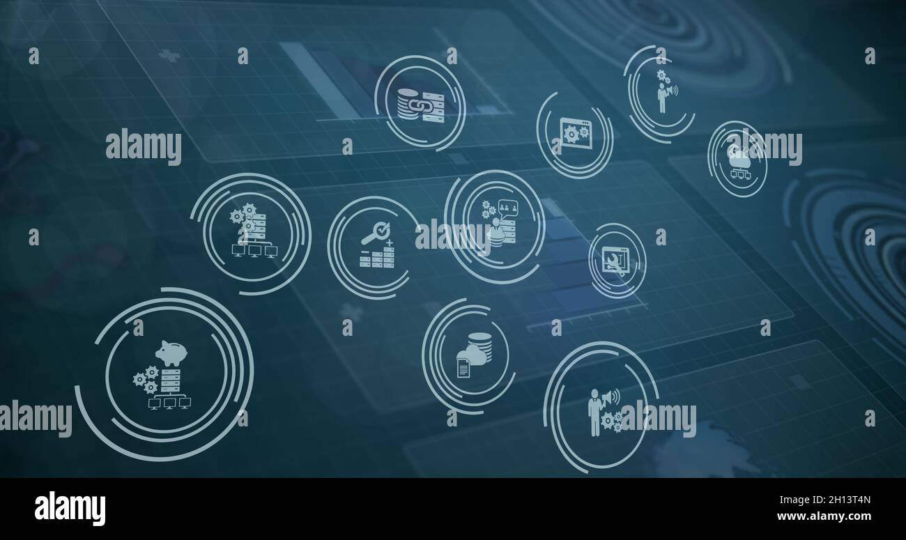 Image of financial tool icons over digital screens with data processing ...