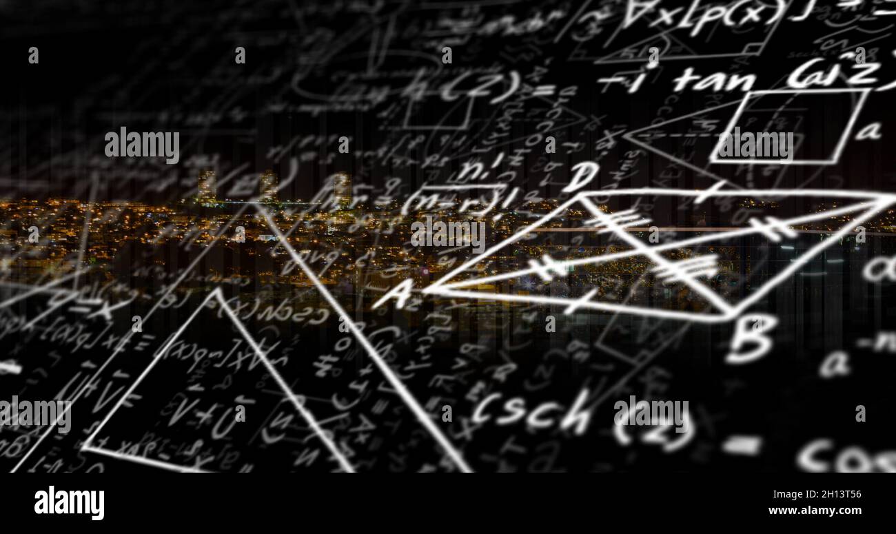 Image of mathematical formulas over cityscape Stock Photo - Alamy