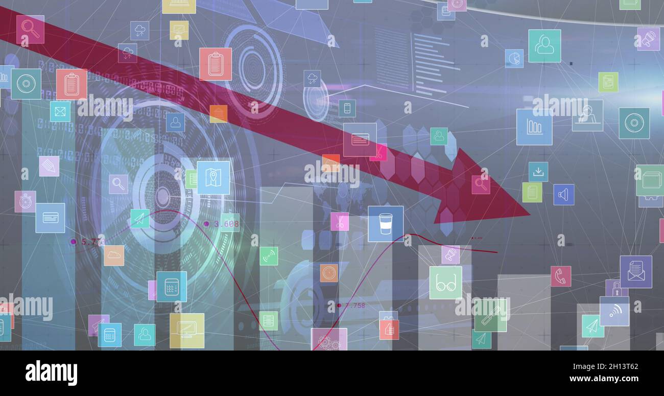 Image of statistics with red arrow pointing down and digital icons ...
