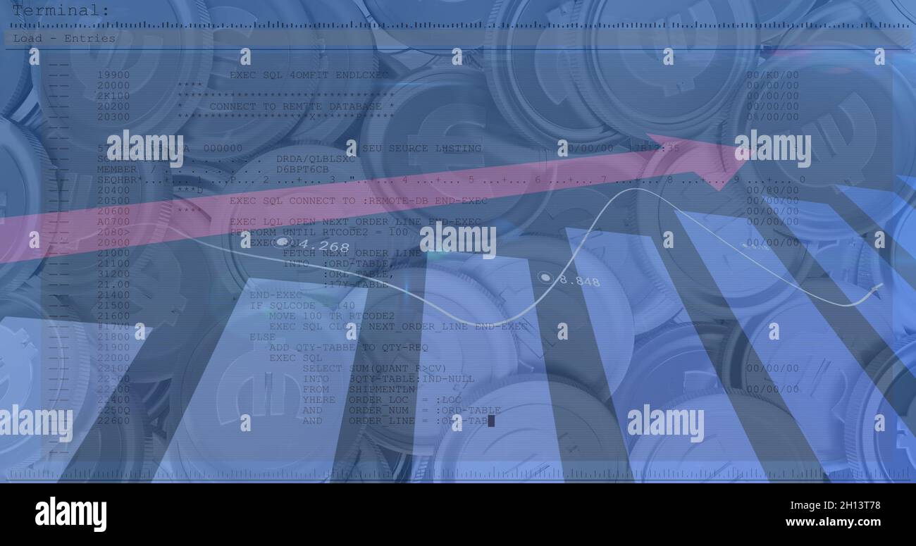 Image of financial data processing with red arrow ascending over euro ...