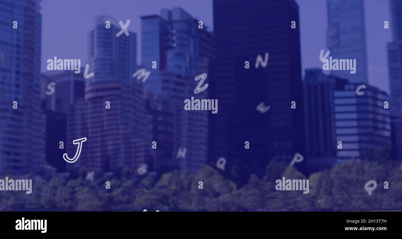 Image of falling letters over cityscape Stock Photo - Alamy
