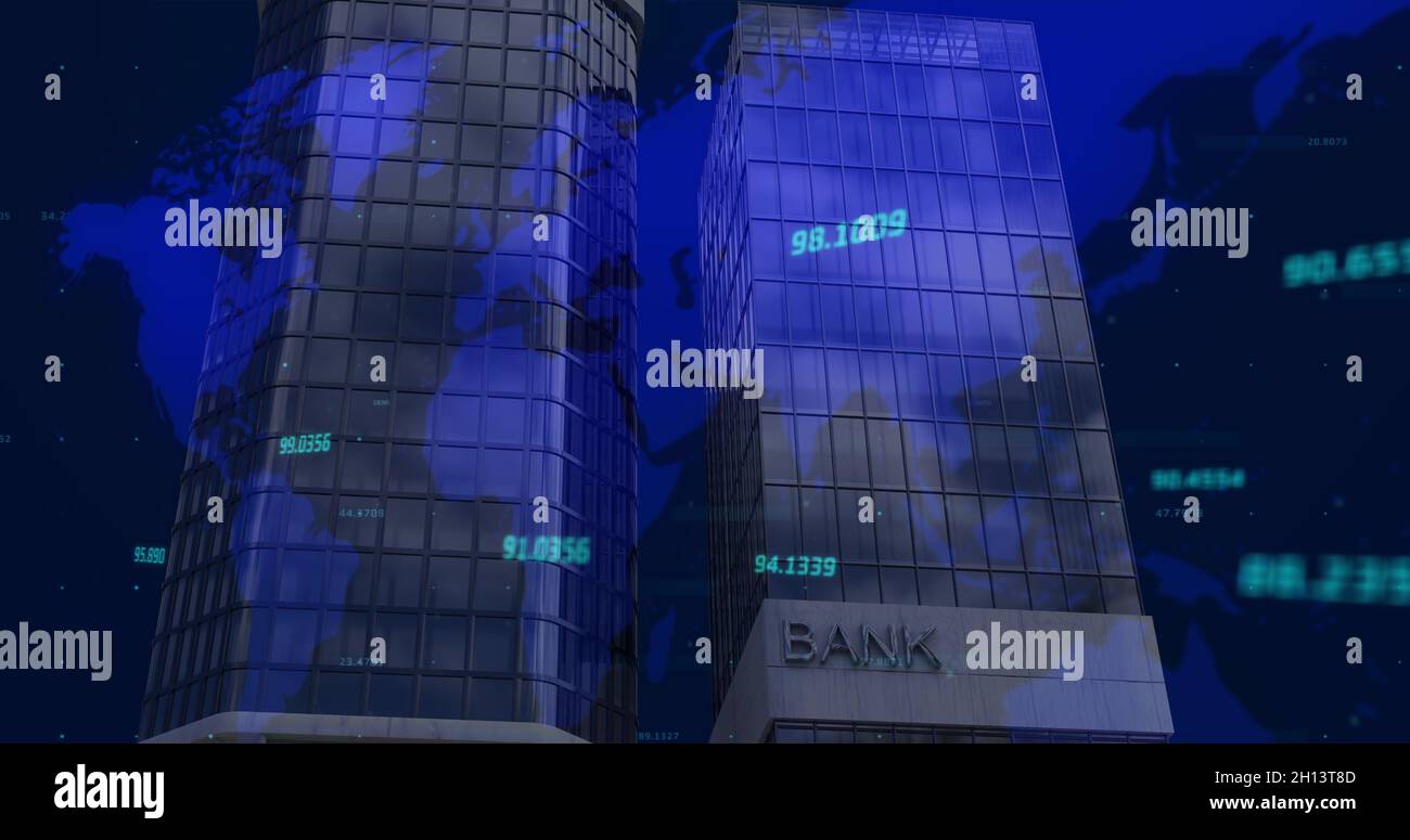 Image of financial data processing over modern bank building Stock ...