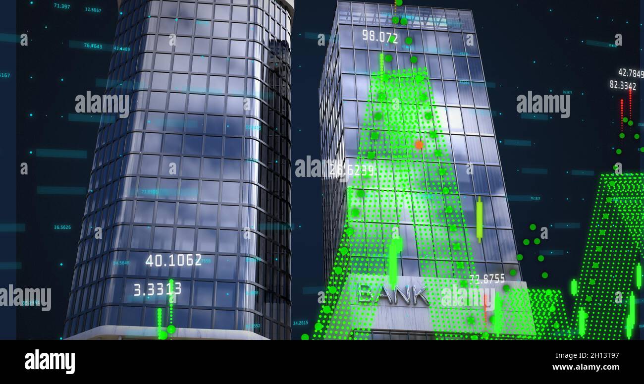 Image of financial data processing over modern bank building Stock ...
