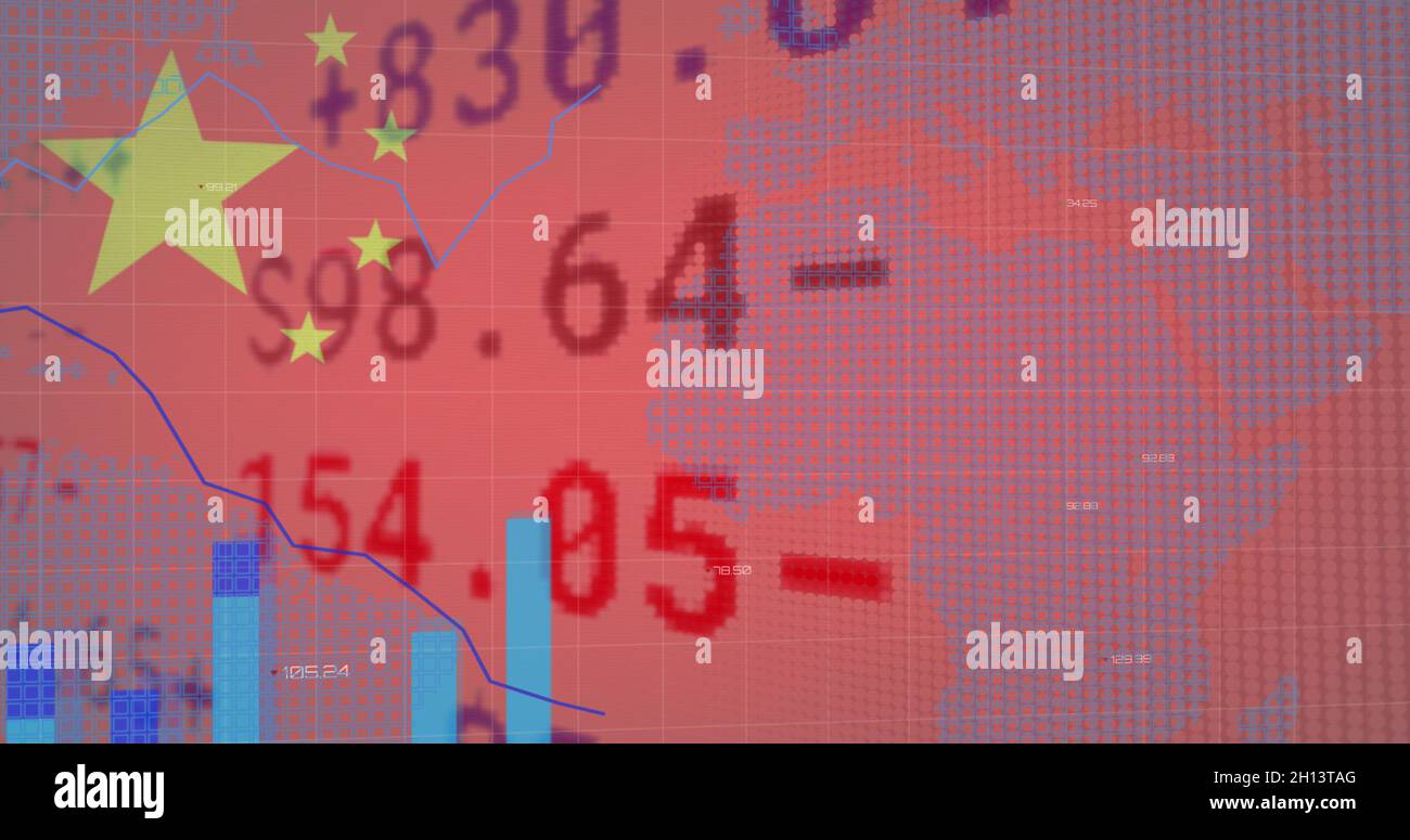 Image of chinese flag waving over financial data processing and world ...