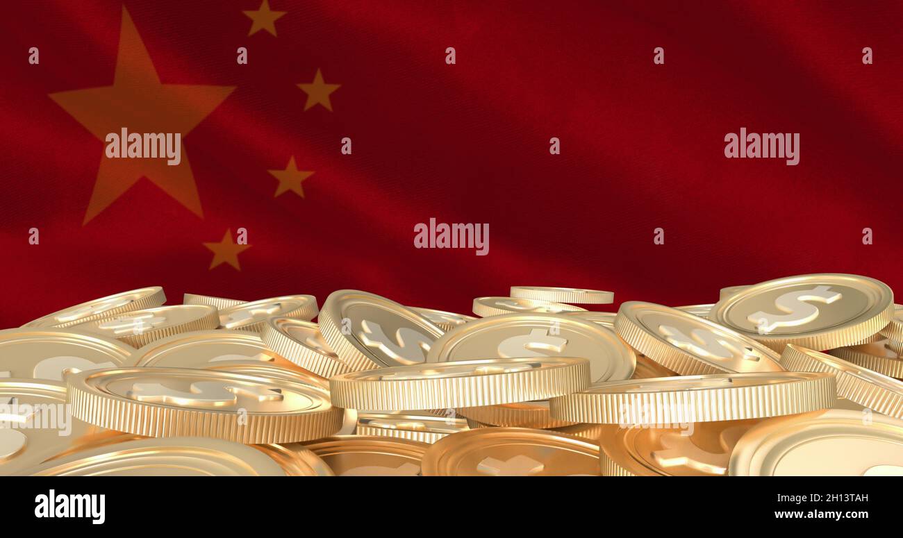Image of chinese flag waving over gold american dollar coins Stock ...