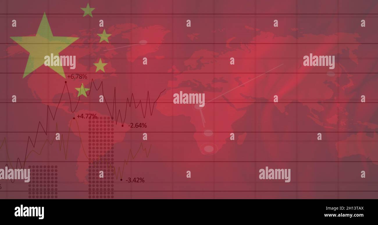 Image of chinese flag waving over financial data processing and world ...