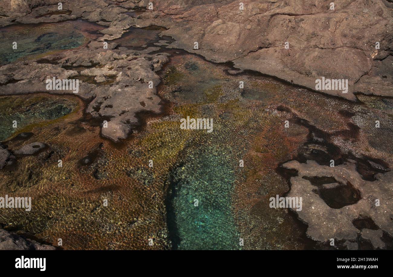 Gran Canaria, calm rock pools under steep cliffs of the north coast are ...