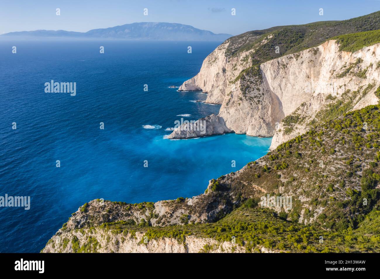 Aerial view of limestone cliffs close to Navagio or Shipwreck Beach on ...