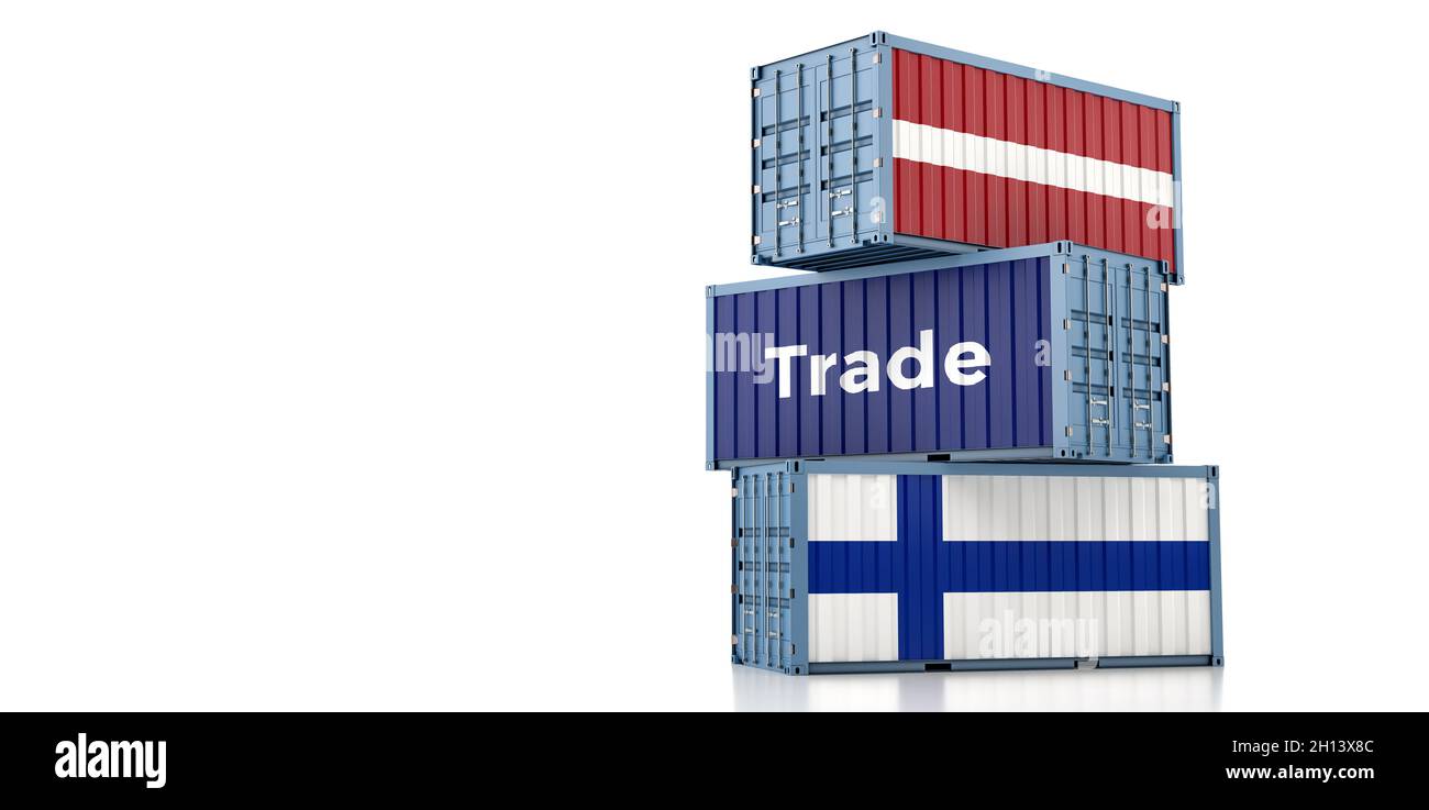 Shipping containers with Latvia and Finland flag. 3D Rendering Stock ...