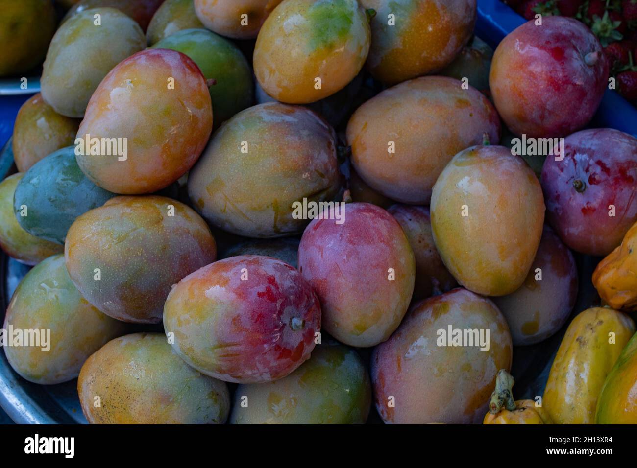 Real food background: Mango fruits on display at farmer's market ...