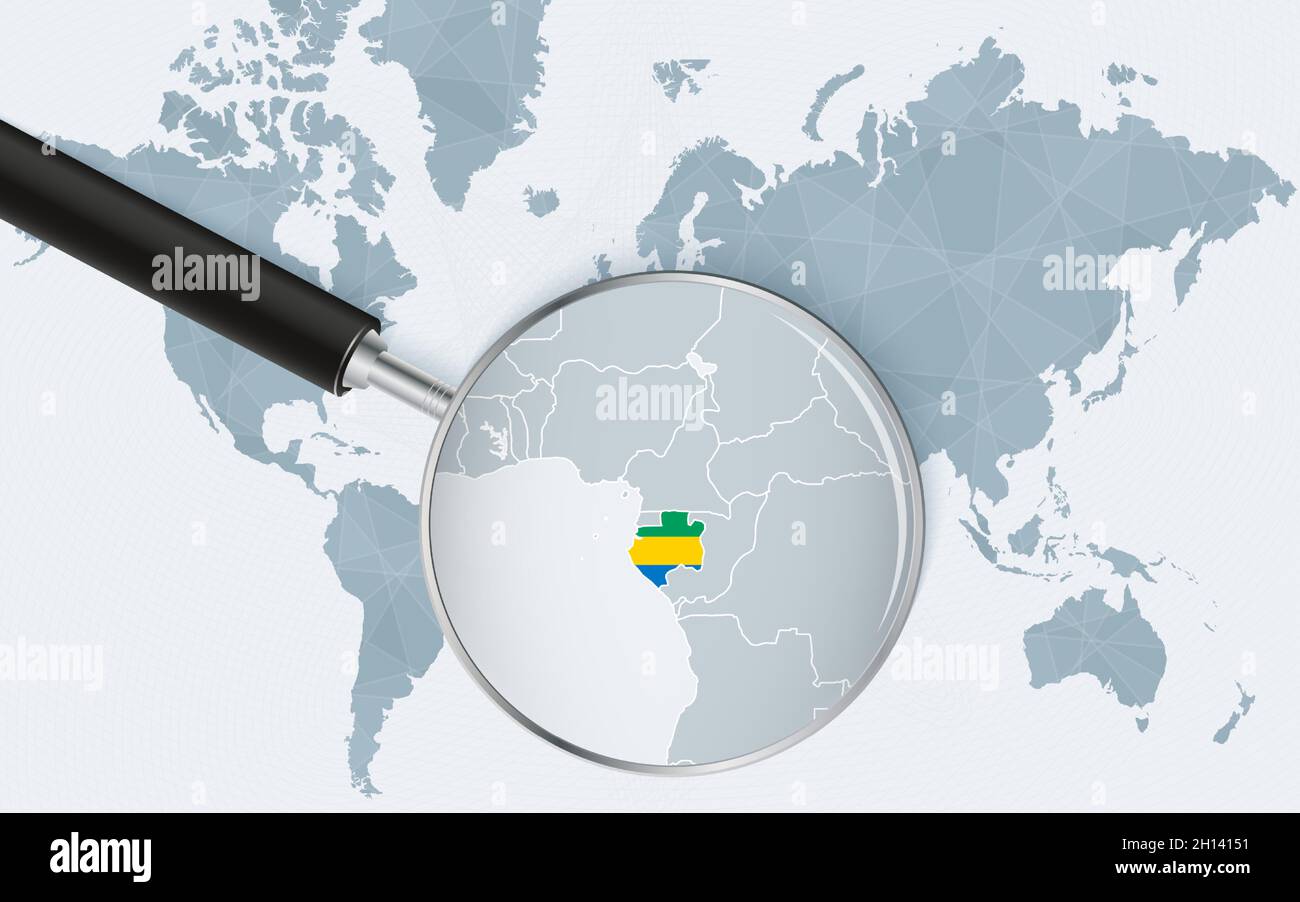 World map with a magnifying glass pointing at Gabon. Map of Gabon with the flag in the loop ...