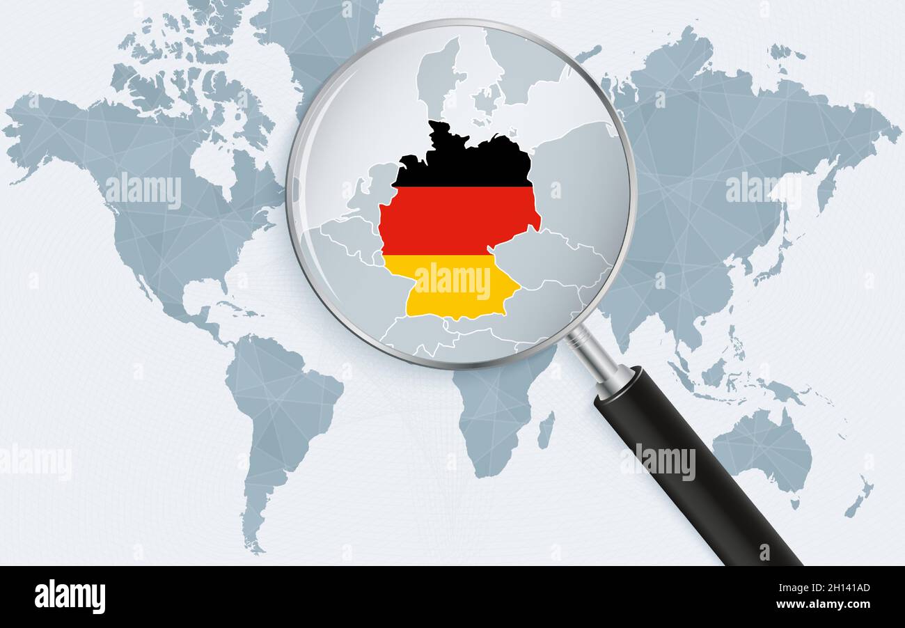 World map with a magnifying glass pointing at Germany. Map of Germany ...