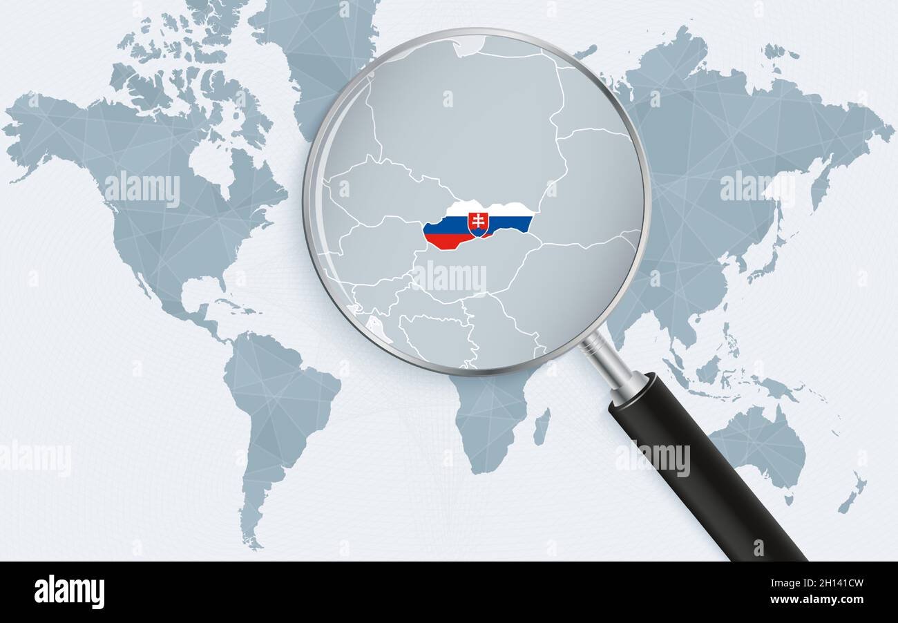 World map with a magnifying glass pointing at Slovakia. Map of Slovakia ...