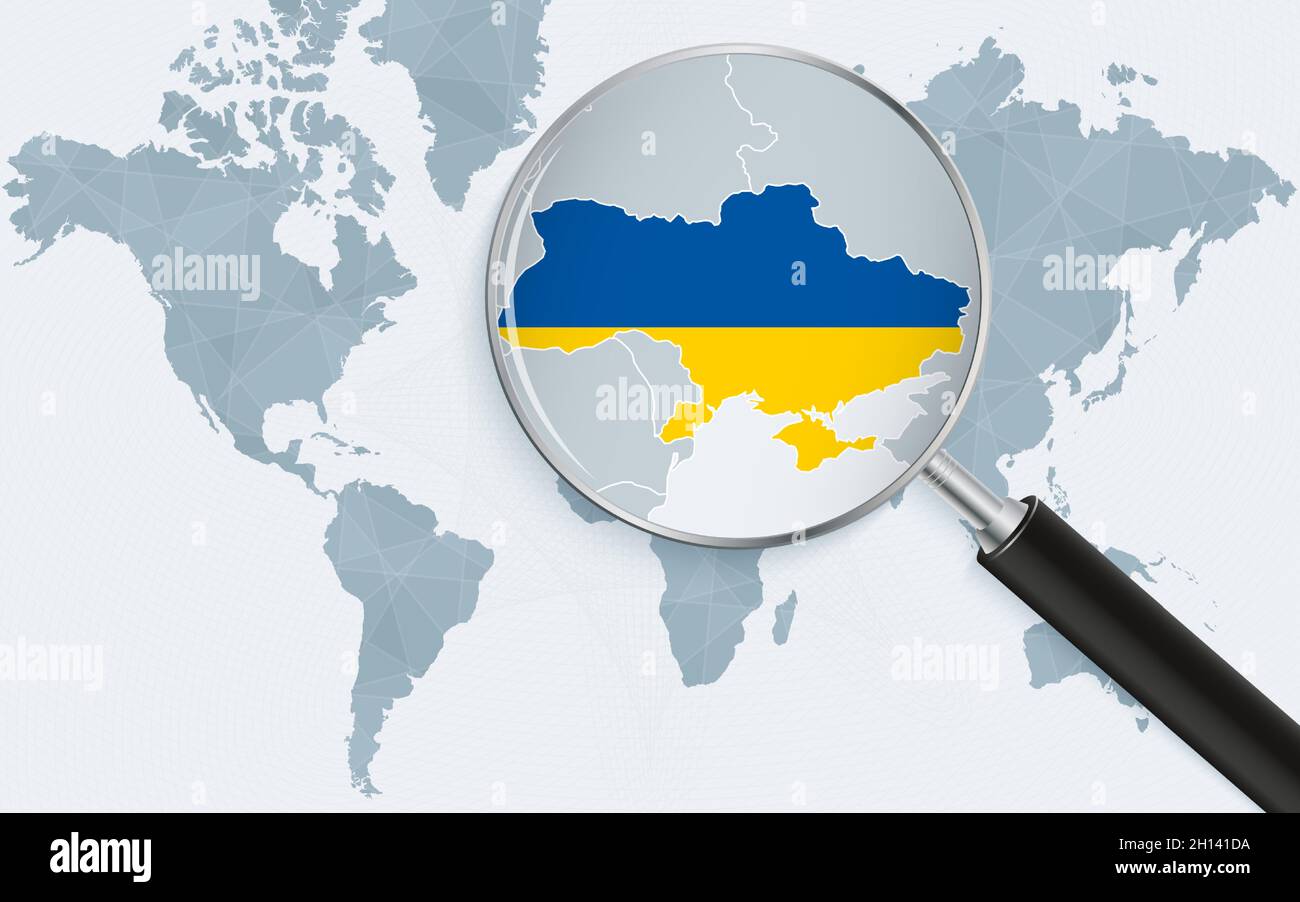 World map with a magnifying glass pointing at Ukraine. Map of Ukraine ...