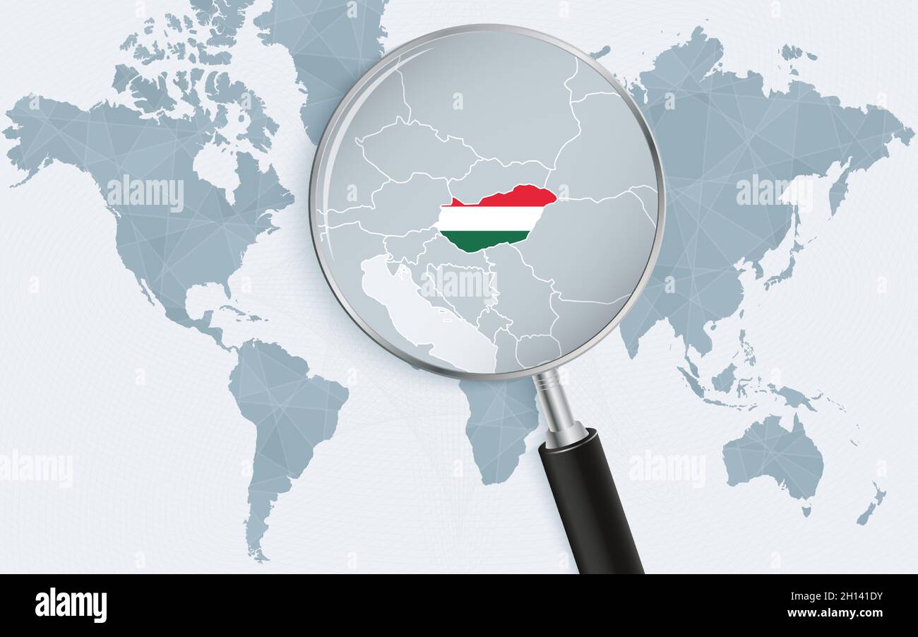 World map with a magnifying glass pointing at Hungary. Map of Hungary with the flag in the loop ...
