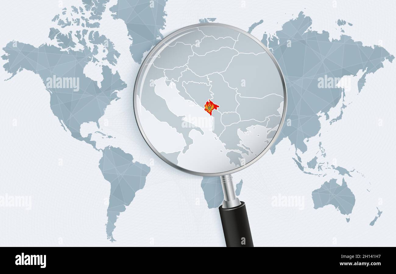 World map with a magnifying glass pointing at Montenegro. Map of ...