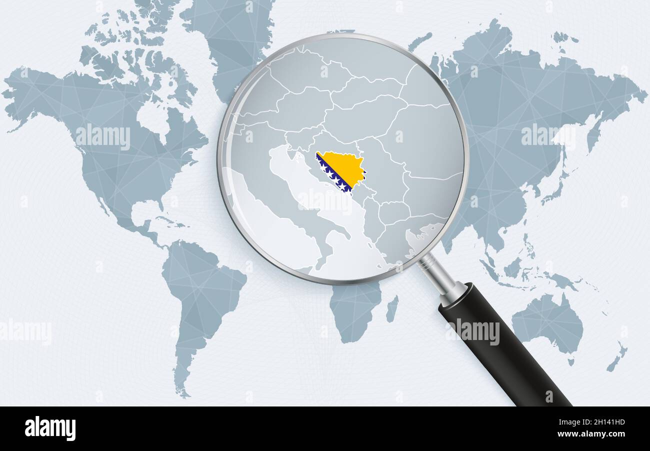 World map with a magnifying glass pointing at Bosnia and Herzegovina ...