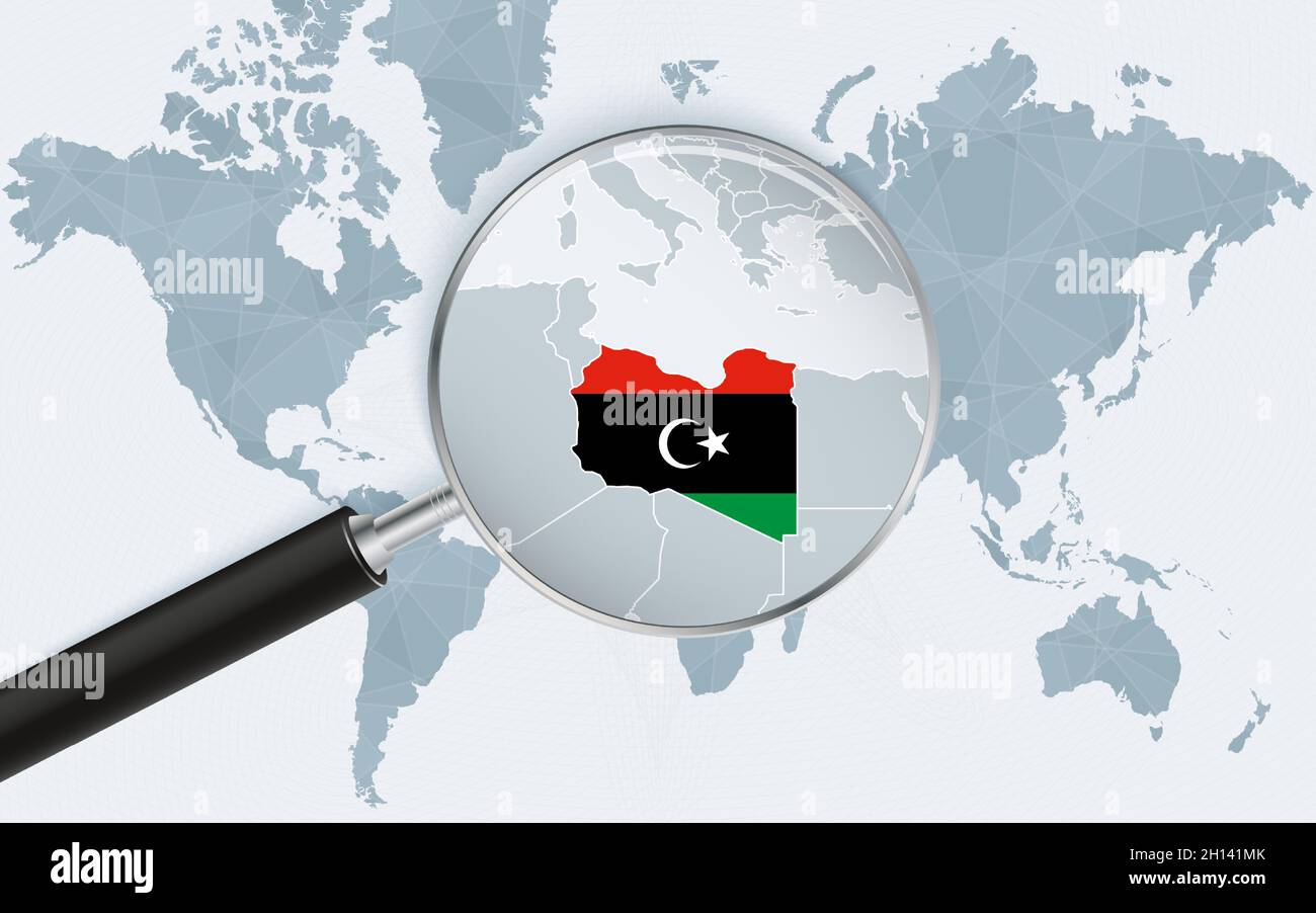 World map with a magnifying glass pointing at Libya. Map of Libya with the flag in the loop ...