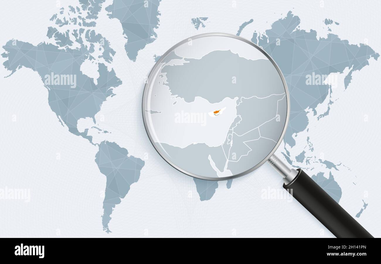World map with a magnifying glass pointing at Cyprus. Map of Cyprus ...