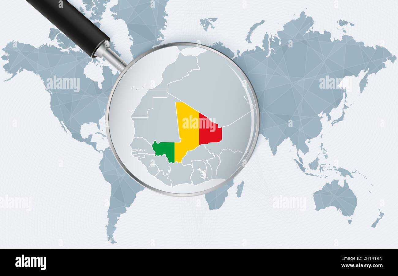 World map with a magnifying glass pointing at Mali. Map of Mali with the flag in the loop ...