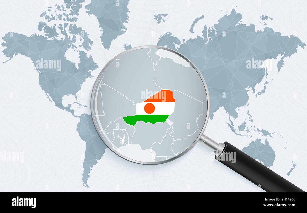 World map with a magnifying glass pointing at Niger. Map of Niger with ...