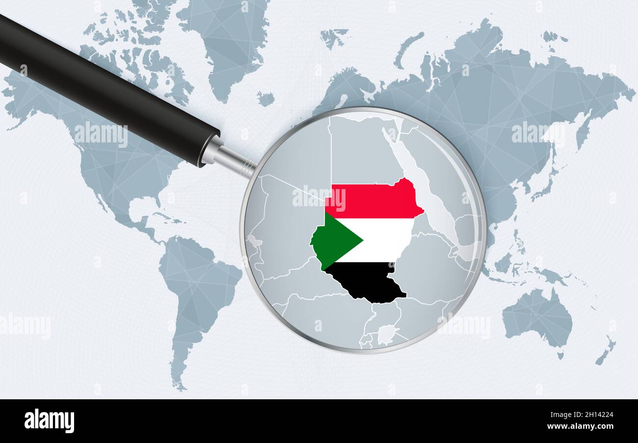 World map with a magnifying glass pointing at Sudan. Map of Sudan with ...