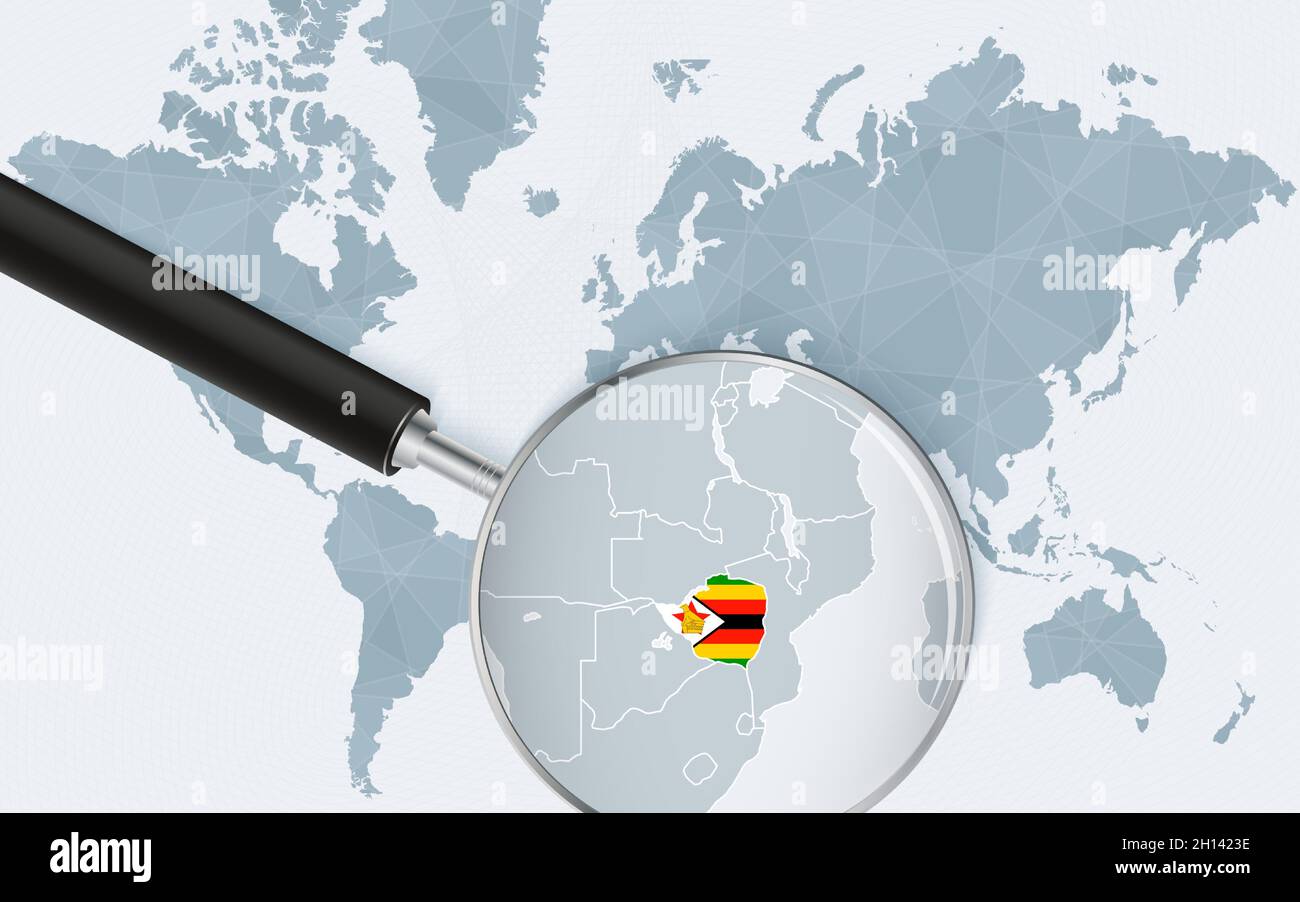 World map with a magnifying glass pointing at Zimbabwe. Map of Zimbabwe with the flag in the ...