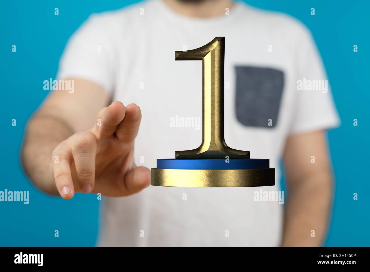 Illustration of a gold winner first place and a touching hand Stock ...