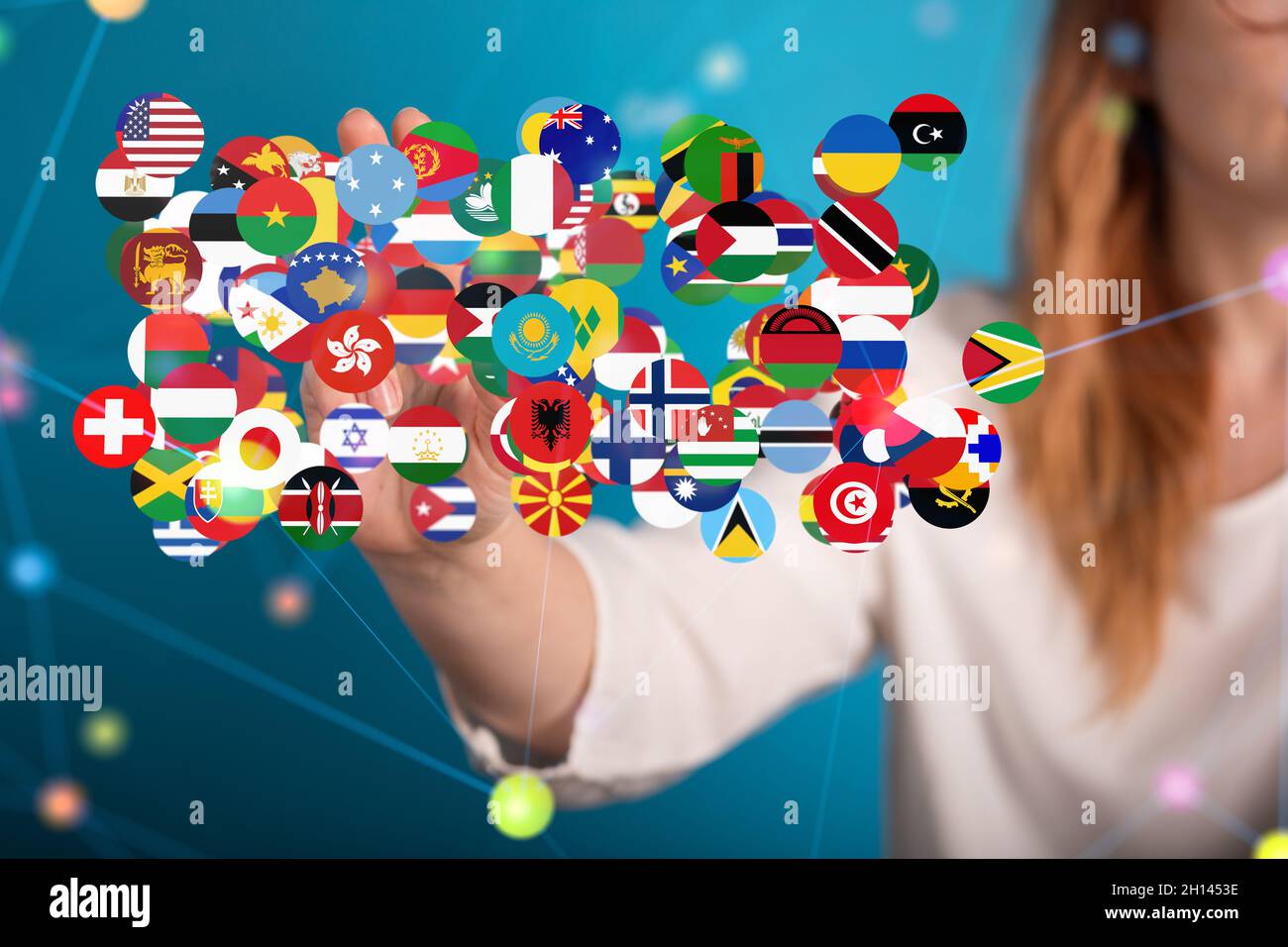 Illustration of international counties flags in hands of a human Stock ...