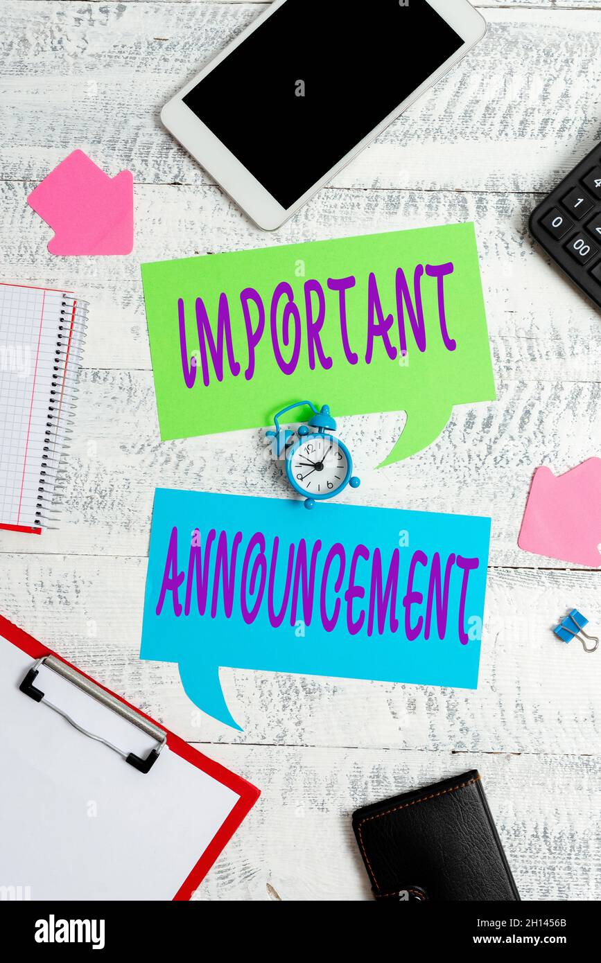 Inspiration showing sign Important Announcement. Word Written on spoken ...