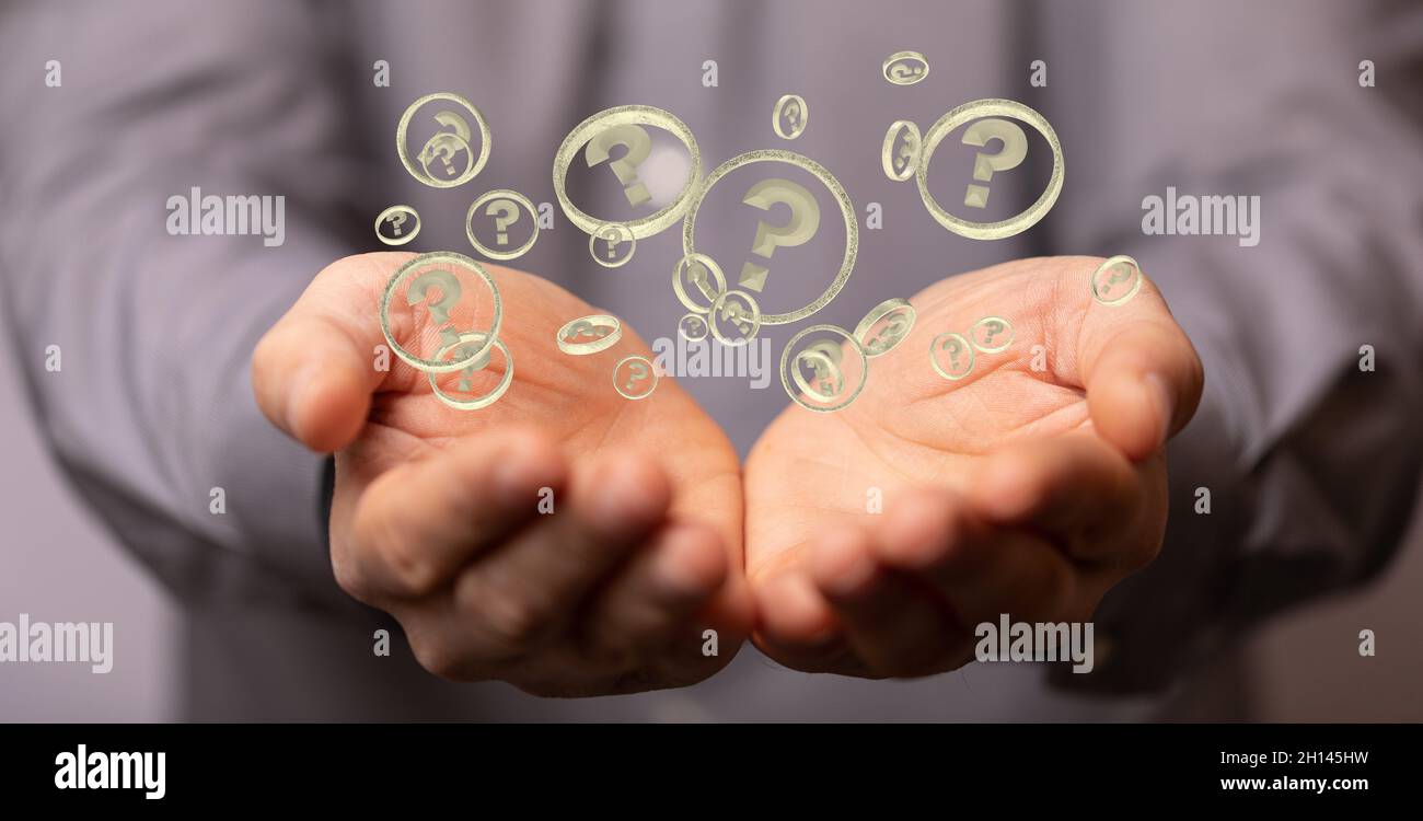 Illustration of question mark icons in hands of a human Stock Photo - Alamy