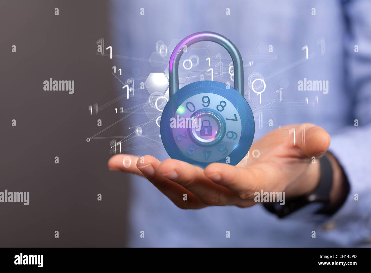 Illustration of a padlock in a hand of a man as cybersecurity and ...