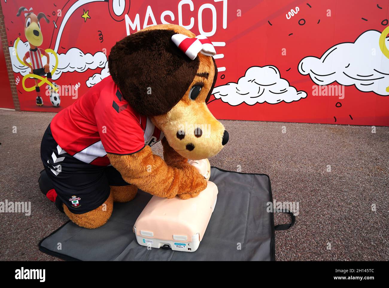 Southampton Mascot Mary tries out CPR prior to the Premier League match ...